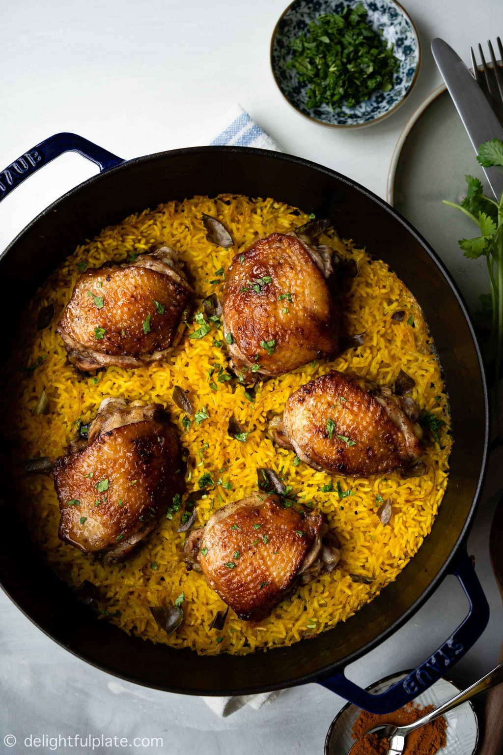 One Pan Chicken and Turmeric Rice - Delightful Plate