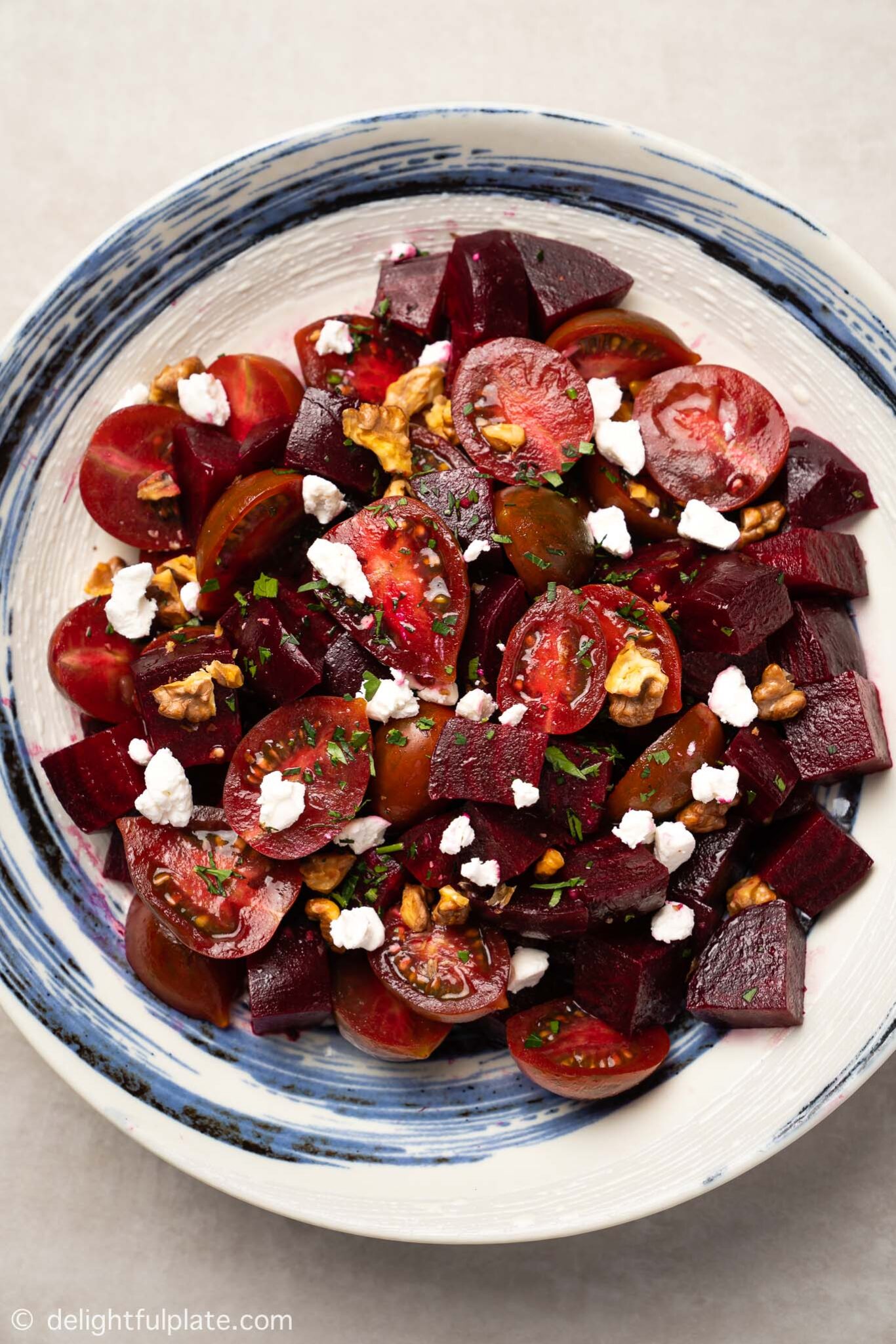 Roasted Beet Salad with Cherry Tomato and Goat Cheese - Delightful Plate