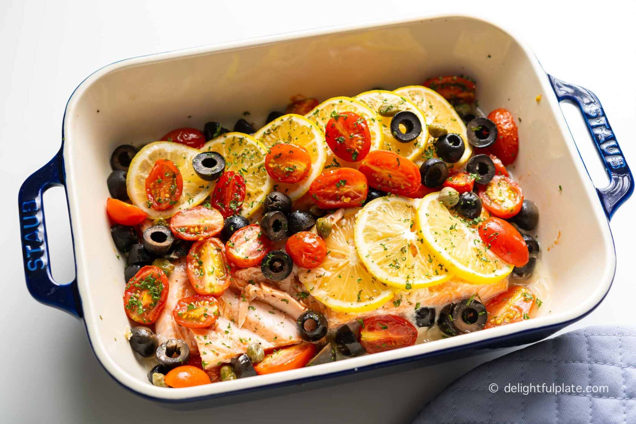 Baked Salmon with Cherry Tomatoes and Olives - Delightful Plate